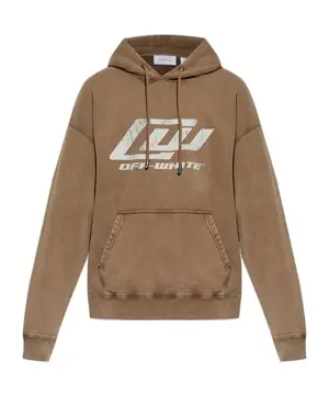 Off-White Logo Print Drawstring Hoodie - Brown