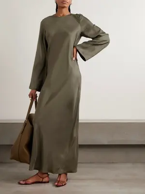 RÓHE Round Neck Long Silk Twill Dress - Brown