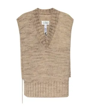 MAISON MARGIELA V-neck Ribbed Knitted Vest - Light Brown