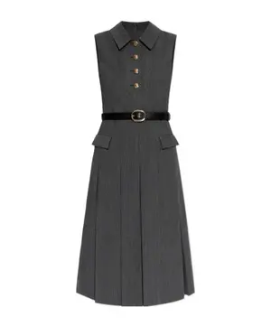 SELF-PORTRAIT Sleeveless Belted Dress With Gold Embossed Buttons