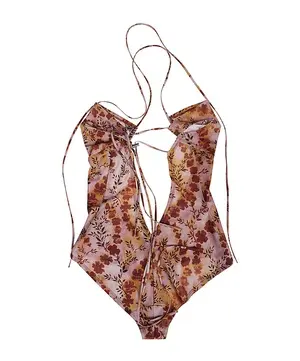 KNWLS Halter Neck One-piece Swimsuit With Cutout And Floral Print - Brown