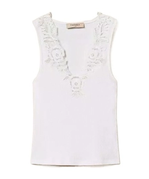 TWINSET Ribbed V-neck Lace Trimmed Tank Top