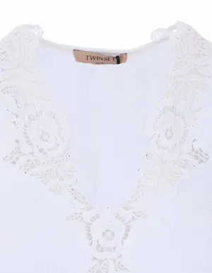 TWINSET Ribbed V-neck Lace Trimmed Tank Top