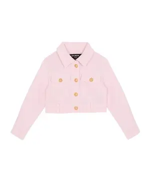 Balmain Cropped Denim Jacket With Gold Buttons - Pink