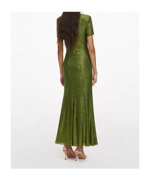 self portrait green satin dress Green Metallic Tie Neck Maxi Dress – self-portrait-US main image 0