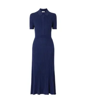 Gabriela Hearst Short Sleeve Ribbed Collared Midi Dress - Navy
