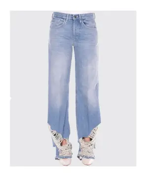 DONDUP Straight Leg Distressed Jeans With Frayed Hem - Light Blue