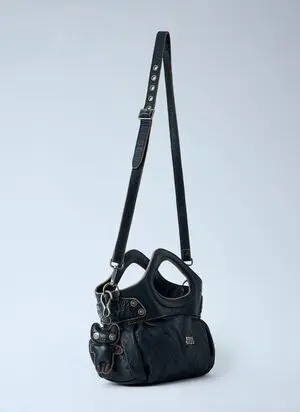 KNWLS Distressed Leather Handbag With Top Handle And Adjustable Shoulder Strap - Black