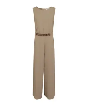 P.a.r.o.s.h Sleeveless Belted Jumpsuit With Embellished Floral Belt - Beige