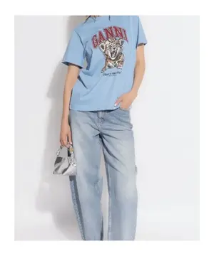 GANNI Short-sleeved Crewneck T-shirt With Logo Detail - Blue