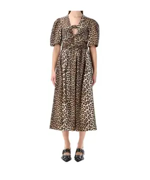 GANNI Short-sleeved Midi Dress With Leopard Print