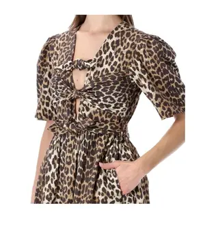 GANNI Short-sleeved Midi Dress With Leopard Print