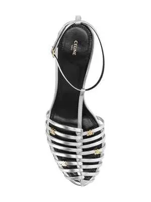 Celine Cage Heeled Sandal In Laminated Lambskin - Silver