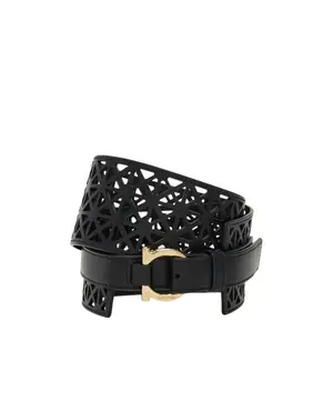 FERRAGAMO Geometric Pattern Leather Belt With Gancini Buckle - Black