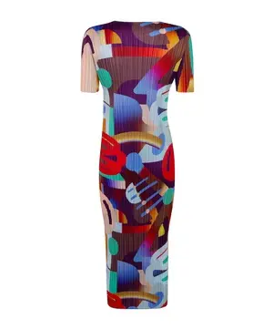 PLEATS PLEASE BY ISSEY MIYAKE Printed Pleated Round Neck Short Sleeve Dress