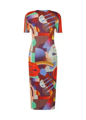 Issey Miyake Printed Pleated Round Neck Short Sleeve Dress
