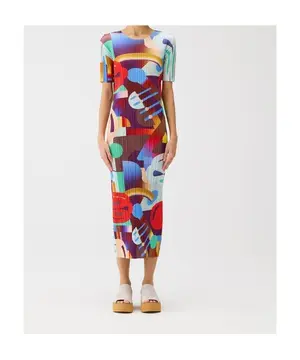 Issey Miyake Printed Pleated Round Neck Short Sleeve Dress
