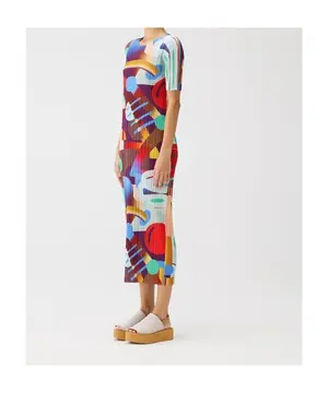 Issey Miyake Printed Pleated Round Neck Short Sleeve Dress