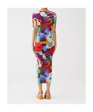 Issey Miyake Printed Pleated Round Neck Short Sleeve Dress