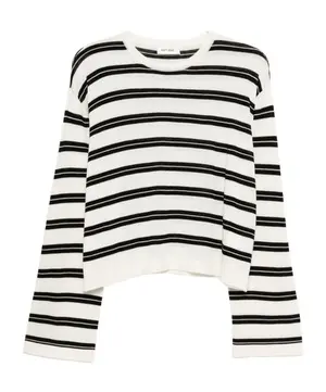 Soft Goat Striped Crew Neck Long Sleeve Knitwear - White