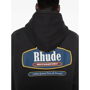 Rhude Logo Printed Long Sleeved Hoodie - Black