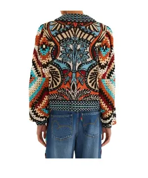 Farm Rio Crochet Construction V-neck Sweater With Tie Neck