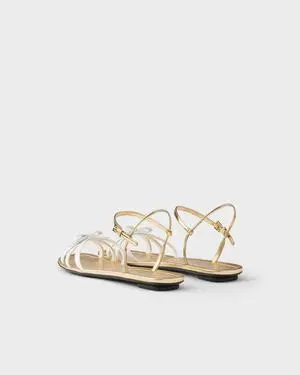 Prada Flat Patent And Metallic Leather Sandals With Bow Detailing