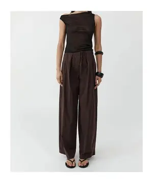 ST. AGNI Elastic Waist Pleated Wide-leg Trousers - Black