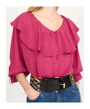 Chloé Round Neck Ruffled Silk Blouse - Deep Ruby Red