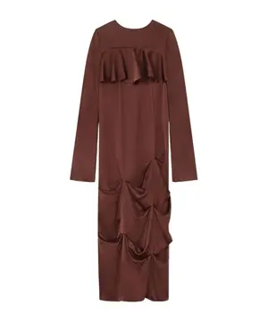 GANNI Draped Long-sleeve Maxi Dress With Ruffles - Brown