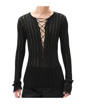 ANN DEMEULEMEESTER Open Rib Lace-up Serafino Knit Top