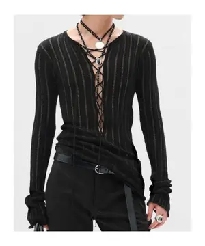ANN DEMEULEMEESTER Open Rib Lace-up Serafino Knit Top