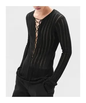 ANN DEMEULEMEESTER Open Rib Lace-up Serafino Knit Top