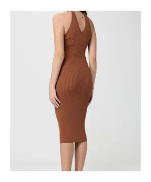 Elisabetta Franchi Sleeveless V-neck Knit Dress With Gold Necklace Detail - Brown