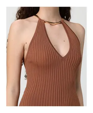 Elisabetta Franchi Sleeveless V-neck Knit Dress With Gold Necklace Detail - Brown