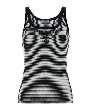 Prada Logo Embroidered Striped Knit Tank Top - Black
