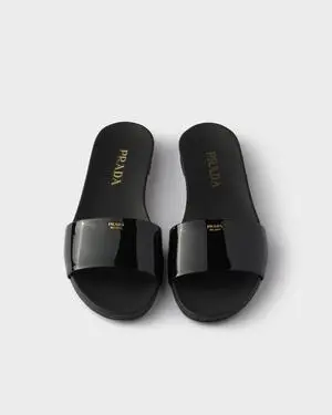 Prada Glossy Patent Leather Slip-on Sandals With Rubber Sole