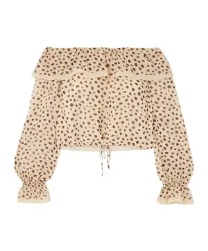 Posse Priscilla Off-shoulder Leopard Print Silk Georgette Shirt With Lace Trim - Nude