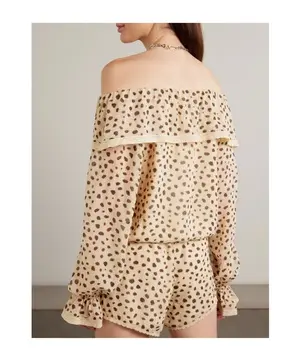 Posse Priscilla Off-shoulder Leopard Print Silk Georgette Shirt With Lace Trim - Nude