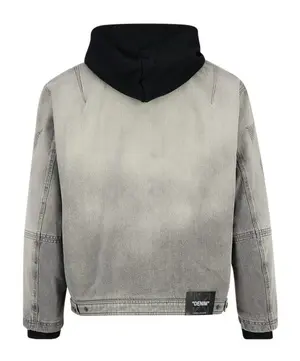 Off-White Hooded Denim Jacket With Fleece Detail - Gray