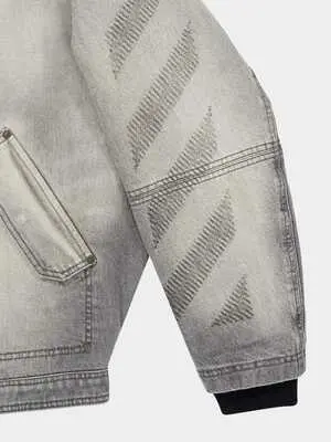 Off-White Hooded Denim Jacket With Fleece Detail - Gray