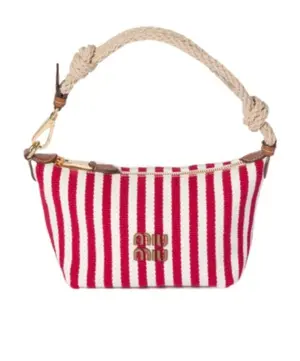 Miu Miu Striped Cotton And Leather Pouch - Ruby Red/cognac