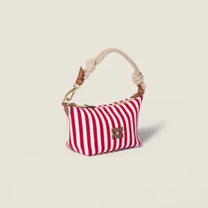 Miu Miu Striped Cotton And Leather Pouch - Ruby Red/cognac