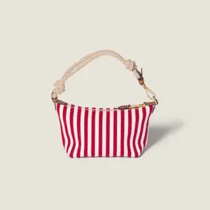Miu Miu Striped Cotton And Leather Pouch - Ruby Red/cognac
