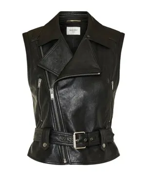 Saint Laurent Belted Leather Sleeveless Jacket - Black