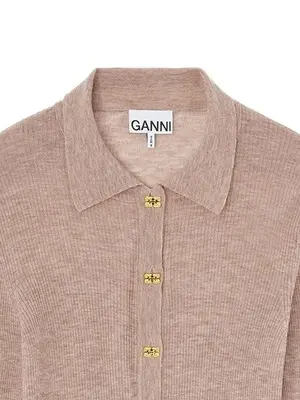 GANNI Sheer Wool Polo Shirt - Nude