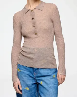 GANNI Sheer Wool Polo Shirt - Nude