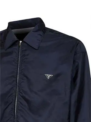 Prada Re-nylon Zip-up Shirt With Classic Collar And Enamel Logo - Blue
