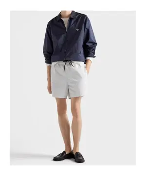 Prada Re-nylon Zip-up Shirt With Classic Collar And Enamel Logo - Blue