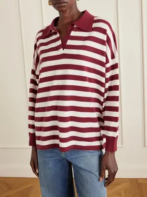 Arch4 Victoria Striped Cashmere Polo Collar Sweater - Red